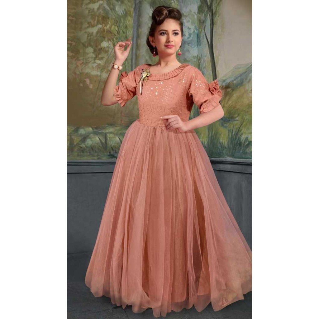Peach Color Soft Net Sequence Work Function Wear Designer Girl's Gown ...