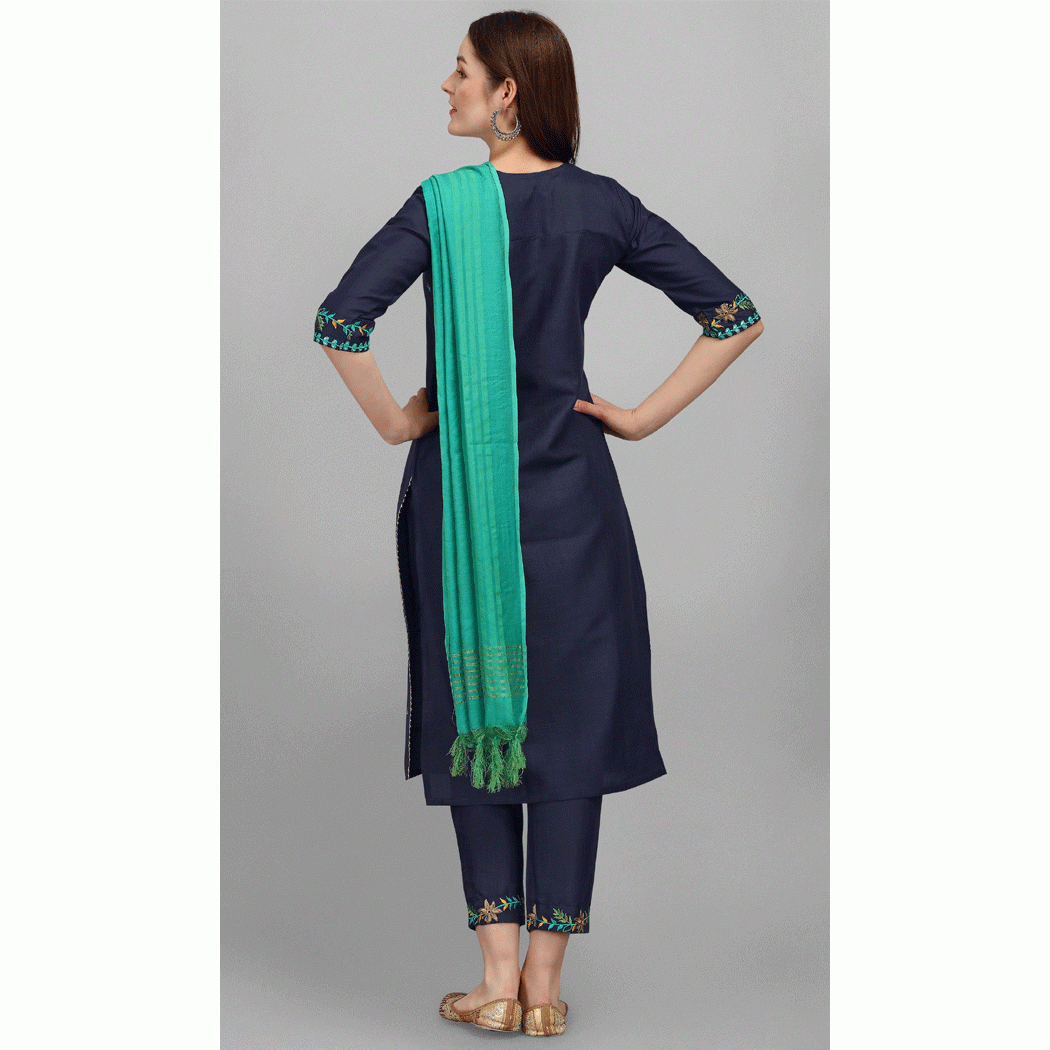 Embroidered Cotton Casual Wear Readymade Salwar Kameez In Navy Blue ...