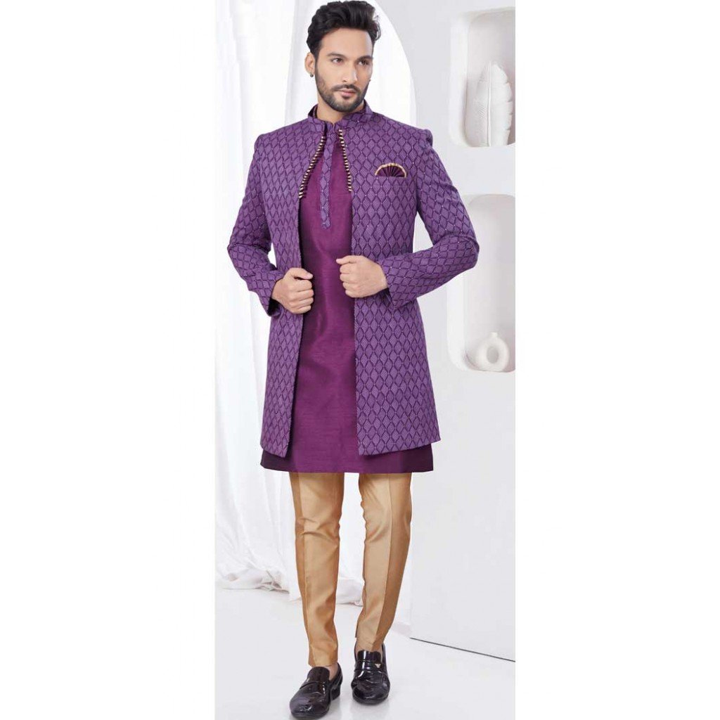 Winish Purple Dhupion Resham Work Wedding Wear Plus Size Men Indo ...