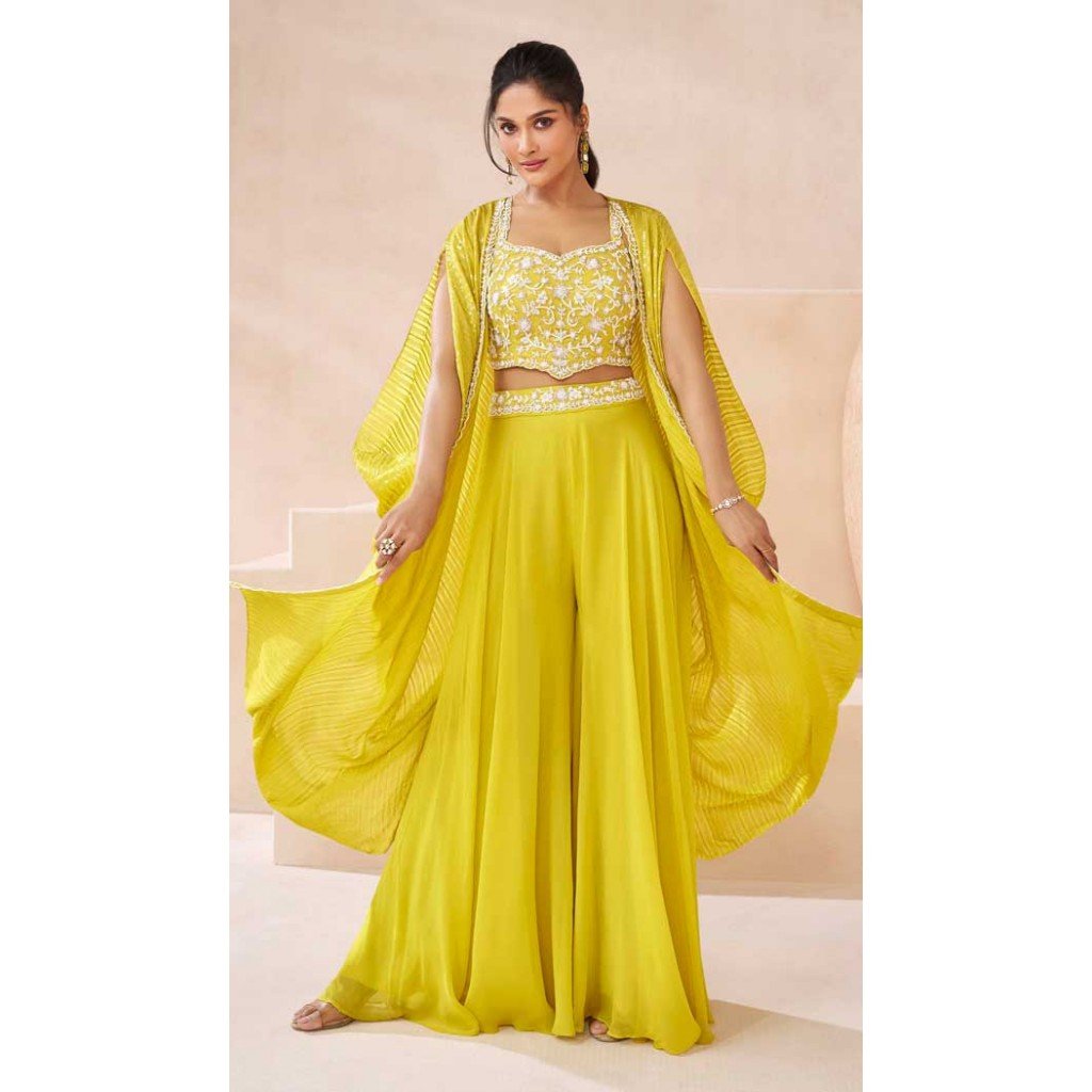Real Silk Embroidered Indo Western Style Palazzo Suit In Yellow ...