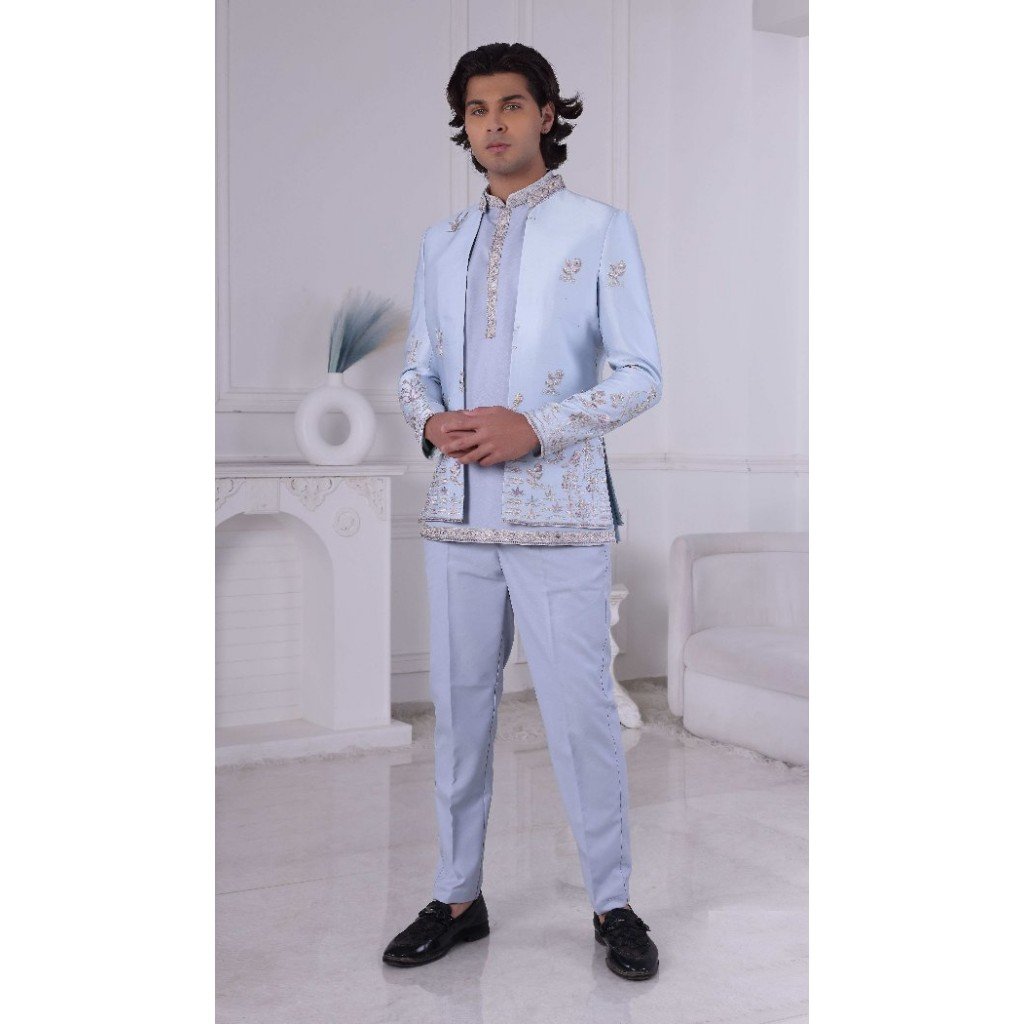 Men Wear Indo Western Daman Sequence Embroidery On Silk Sky Plus Size