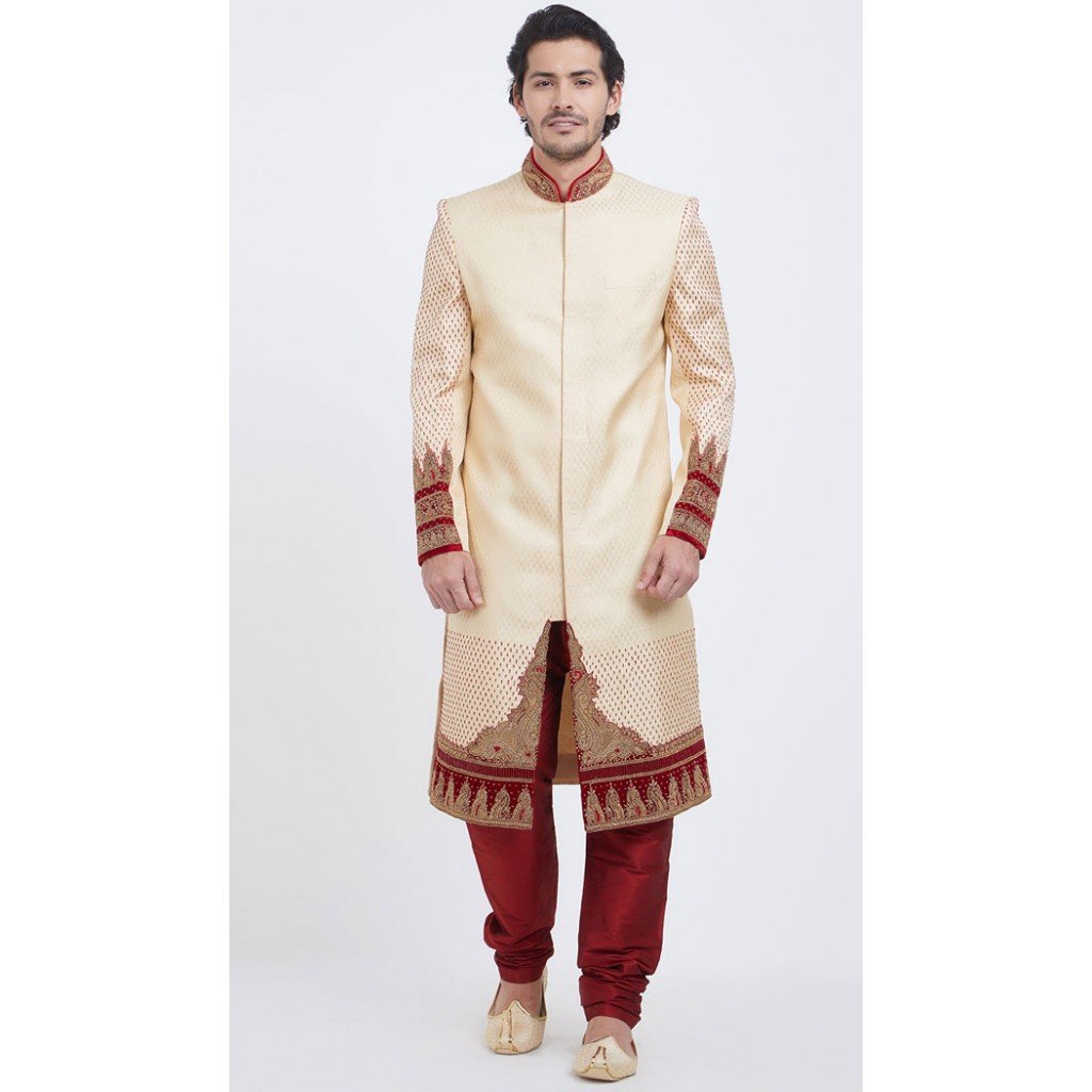 Cream Color Brocket Readymade Men Groom Sherwani - Heenastyle