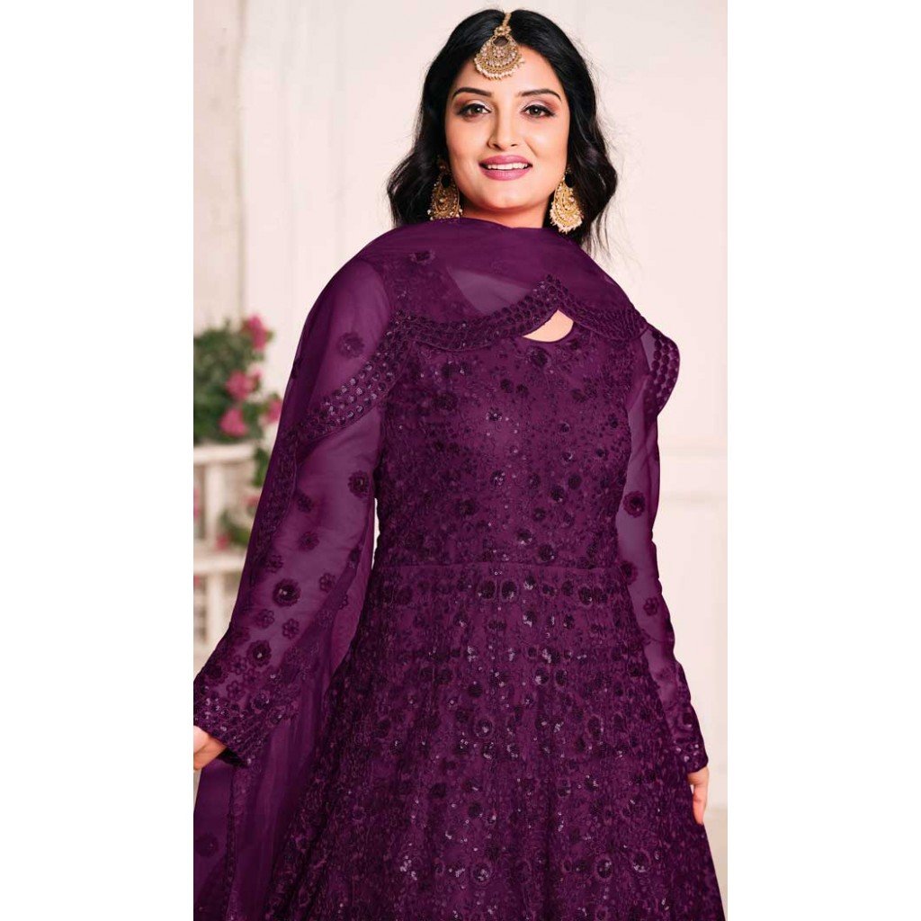 Wine Color Net Sequence Work Party Wear Long Gown Dresses - 4483154903 ...